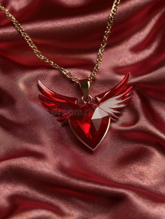 A Heart Shaped Ruby Necklace with Wings on a Red Satin Background ...