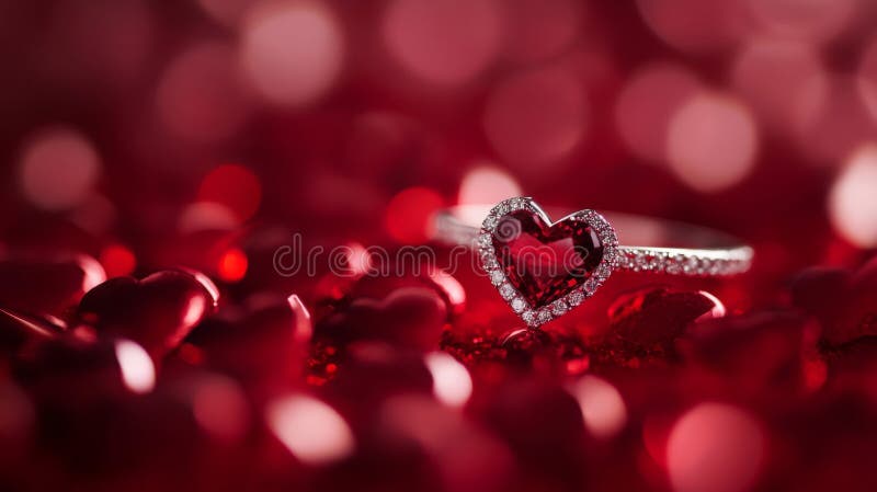 Heart Shaped Ruby Ring on Red Hearts Background Stock Illustration ...