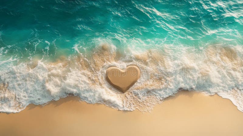 Heart Shaped Sand on the Beach with Ocean Waves Stock Illustration ...