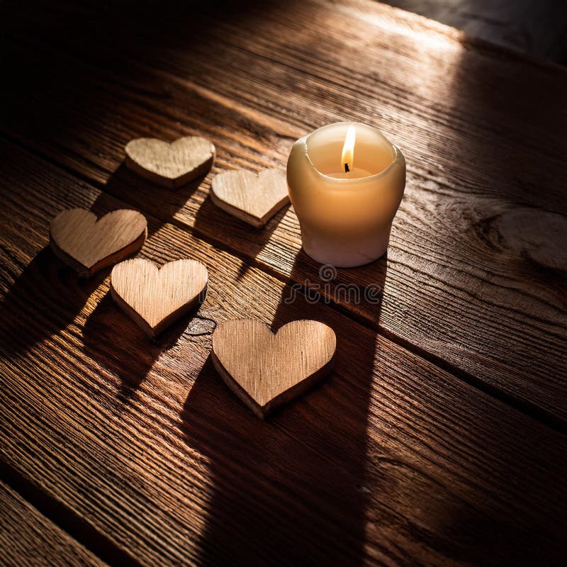 Heart-shaped Shadows Cast by Candlelight on a Rustic Wood Table Stock ...