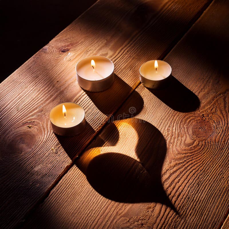 Heart-shaped Shadows Cast by Candlelight on a Rustic Wood Table Stock Illustration ...