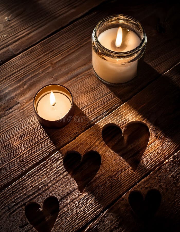 Heart-shaped Shadows Cast by Candlelight on a Rustic Wood Table Stock ...