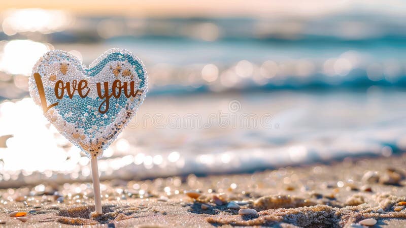 A Heart Shaped Sign on the Beach with the Words Love You Stock Photo ...