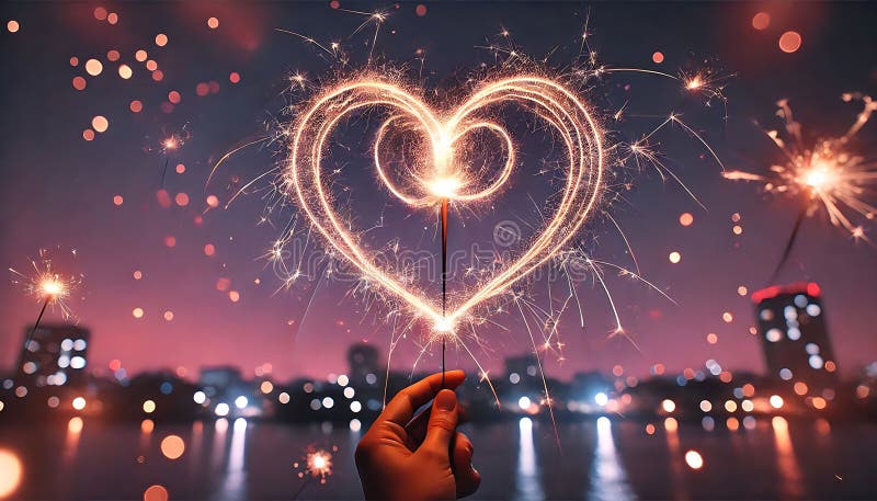 Heart Shaped Sparklers Creating Light Trails in Night Sky. Stock Image ...