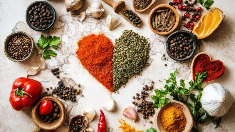 Heart-shaped Spices, Herbs, and Vegetables on a Map Stock Illustration ...