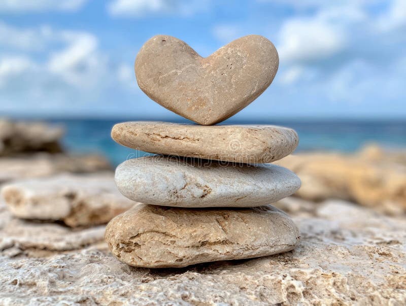 Heart-shaped Stone Balanced on Rocks by the Ocean Stock Illustration ...