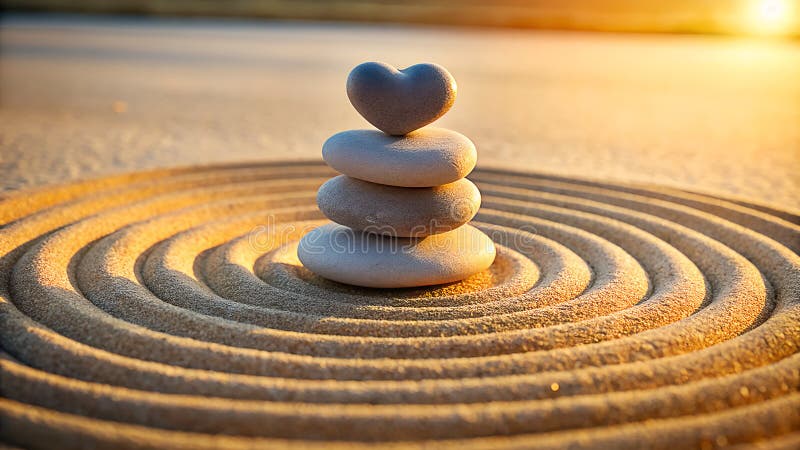 Heart Shaped Stone Balanced on Zen Garden Rocks at Sunset Stock ...
