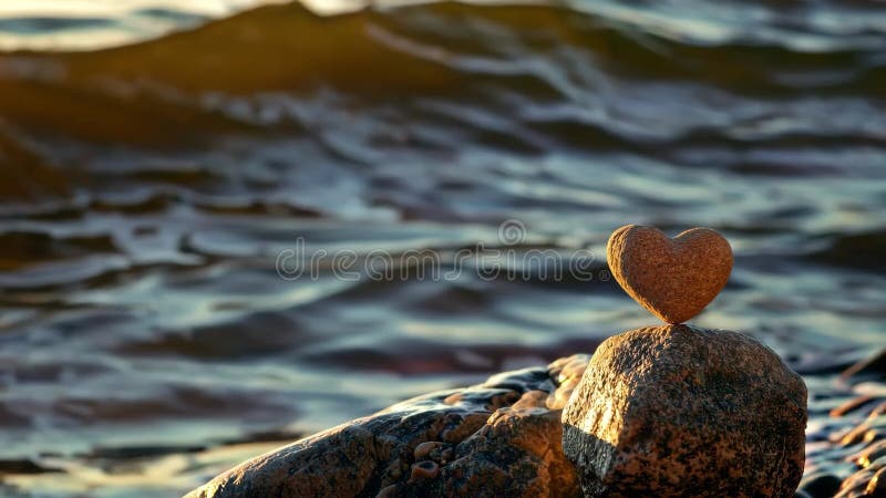 Heart-shaped Stone on Beach at Sunset with Waves. Love and Nature ...