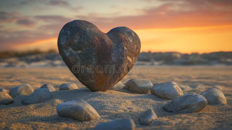 Heart-shaped Stone on Sandy Beach at Sunset, Symbolizing Love and ...