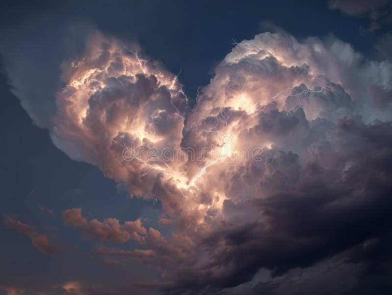 Heart-shaped Storm Cloud with Lightning, Centered in a Dynamic Sky Dark ...