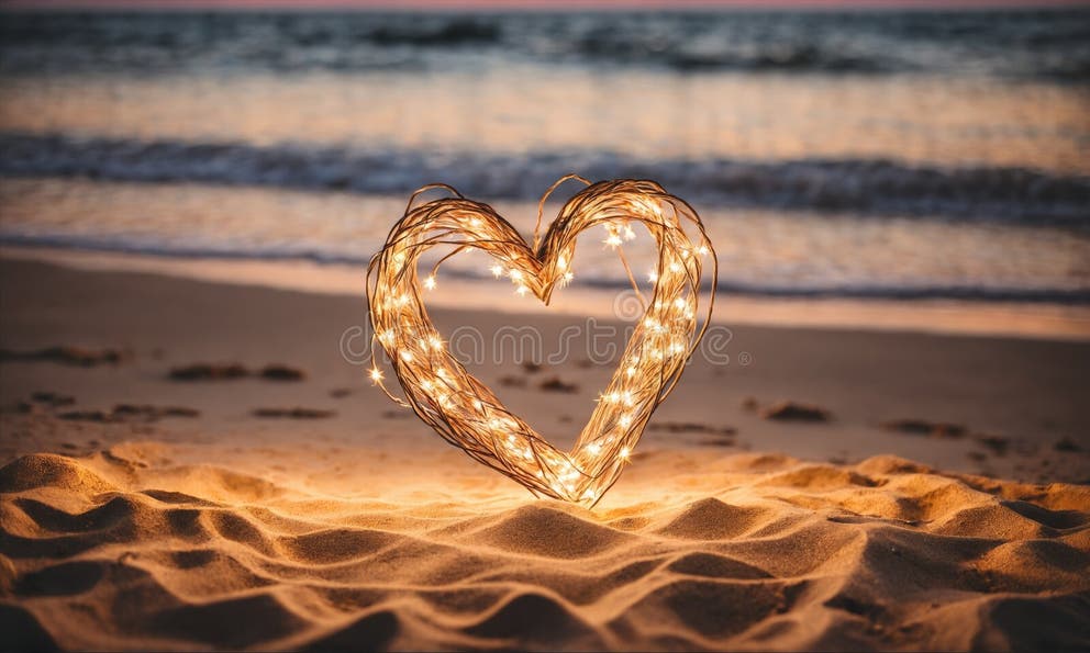 Heart-shaped String Lights on a Beach at Sunset Stock Illustration ...