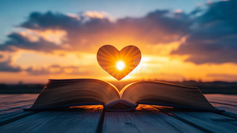 Heart-shaped Sunlight Effect on Open Book at Sunset, Inspiring Concept ...