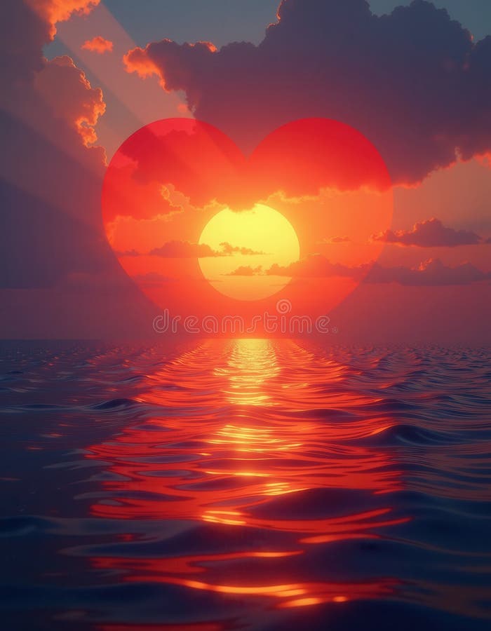 Heart-shaped Sunset Reflections Over Tranquil Ocean Waves Stock Photo ...