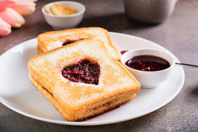Heart Shaped Toast with Raspberry Jam on a Plate. Food for Lovers Stock ...