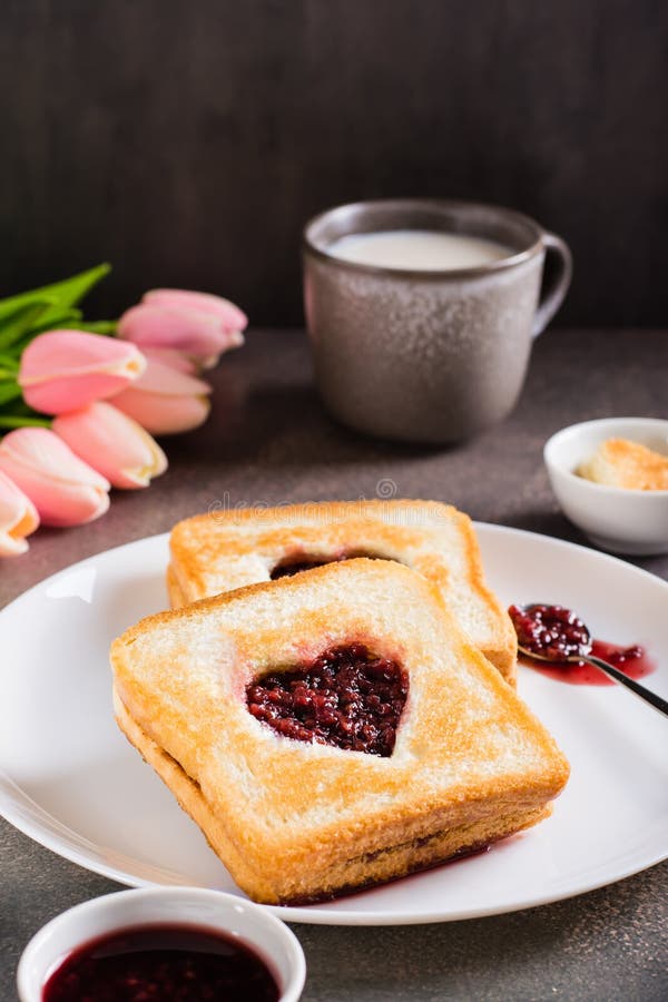 Heart Shaped Toast with Raspberry Jam on a Plate. Food for Lovers Stock ...