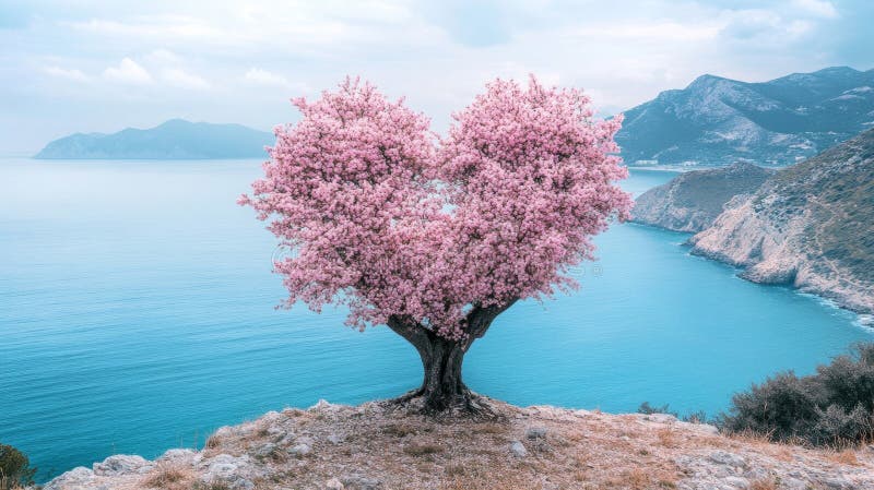 Heart-Shaped Tree in Bloom Overlooking the Ocean Stock Illustration ...