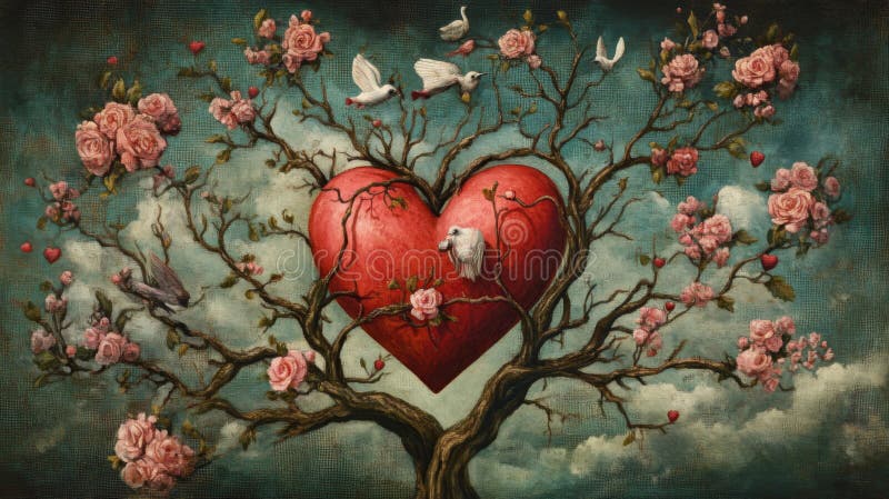 Heart-Shaped Tree with Blooming Roses and Doves Stock Illustration ...