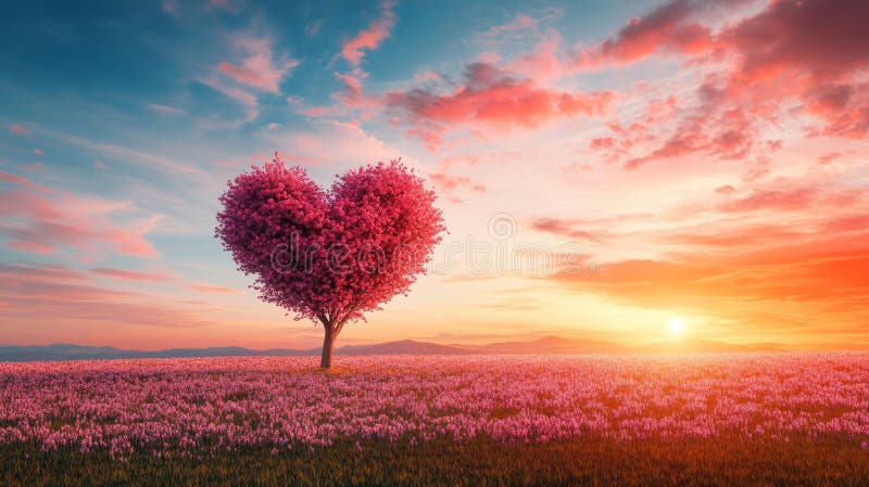 Heart Shaped Tree in Blossoming Field at Sunset with Painted Texture ...
