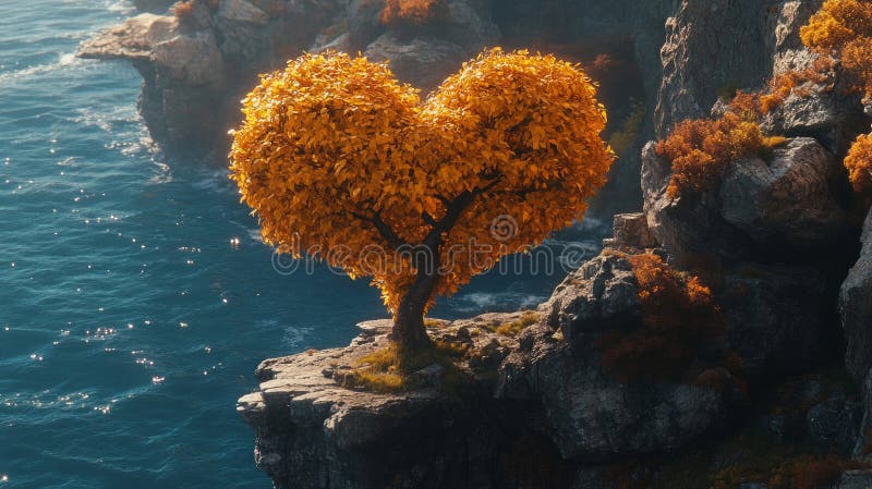 Heart-Shaped Tree on a Cliff Overlooking the Ocean Stock Illustration ...