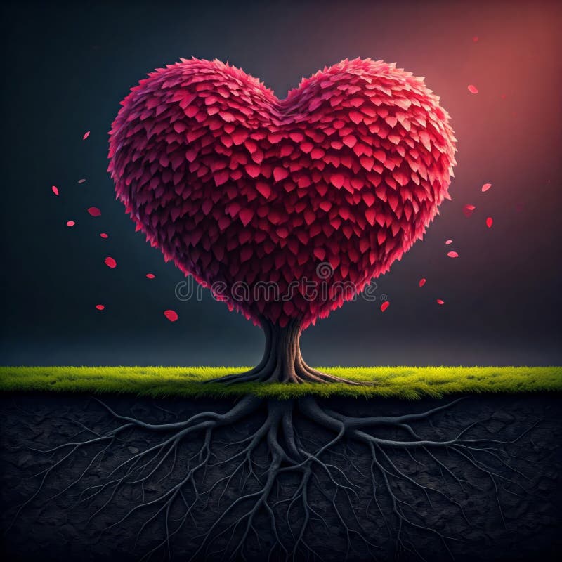 Heart-shaped Tree with Exposed Roots and Falling Leaves Stock ...