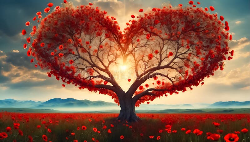 Heart-shaped Tree, Flowers, Beautiful Landscape Stock Illustration ...