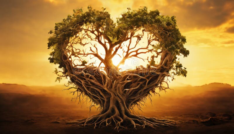 Heart-shaped Tree with Intertwined Roots at Sunset Stock Photo - Image ...