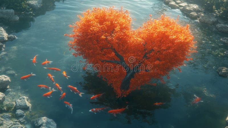Heart-Shaped Tree and Koi Fish in a Serene Pond Stock Illustration ...