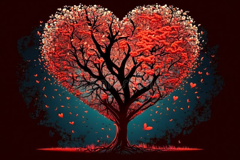 Heart Shaped Tree with Red Leaves on Black Background. Generative AI ...