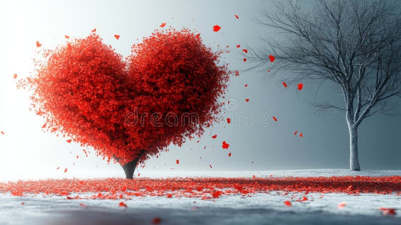 Heart-shaped Tree with Red Leaves in Winter Landscape, Romantic Nature ...