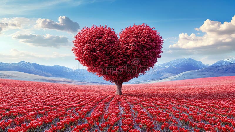 Heart-shaped Tree in Red Tulip Field, Mountain Backdrop, Idyllic Scene ...