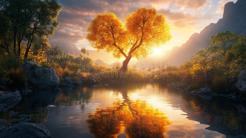 Heart-Shaped Tree Reflecting in Calm Lake at Sunset Stock Illustration ...
