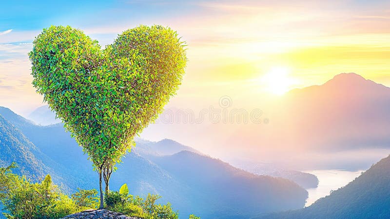 Heart-shaped Tree Sunrise Mountain Landscape, Nature Love Stock Image ...