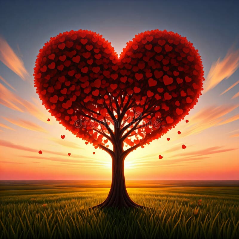 Heart Shaped Tree at Sunrise in Serene Field Stock Illustration ...