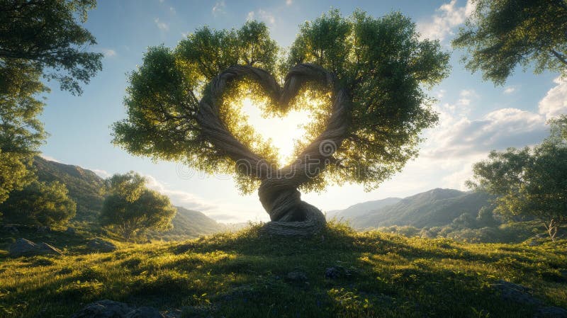 Heart-shaped Tree at Sunset, Symbol of Love and Hope Stock Illustration ...