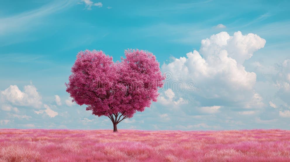 The Heart-shaped Tree Surrounded by Vibrant Pink Fields Under a Blue Sky. AI Generated Image ...