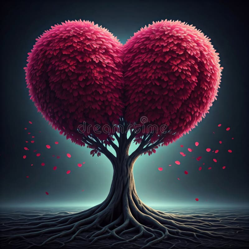 Heart-shaped Tree with Vibrant Red Leaves and Twisting Roots in a ...