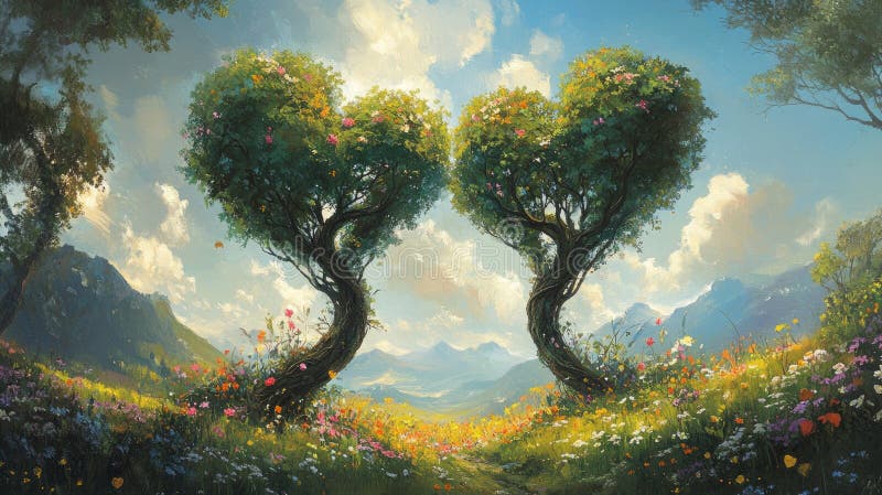 Heart-Shaped Trees in a Magical Meadow Stock Illustration ...