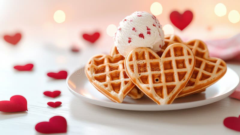 Valentine Ice Cream Concept. Heart Shaped Waffles with Ice Cream and ...