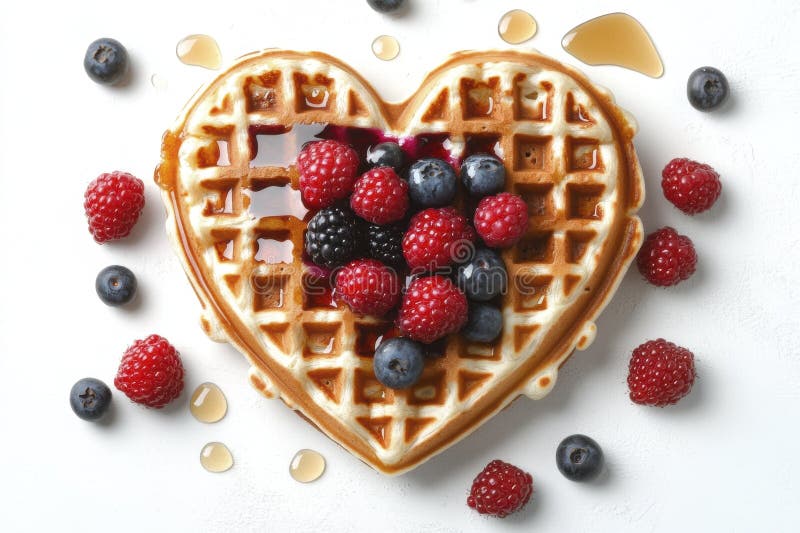 Heart Shaped Waffles Topped with Fresh Berries and Maple Syrup Stock ...