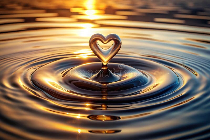Heart-shaped Water Drop Creating Golden Ripples on a Serene Surface at ...