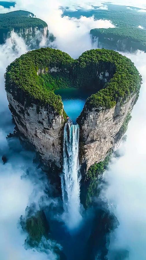 A Heart Shaped Waterfall in the Middle of a Mountain Surrounded by ...