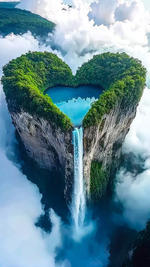 A Heart Shaped Waterfall in the Middle of a Mountain Surrounded by ...