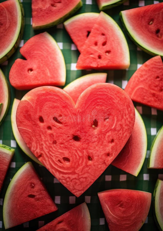 A Heart Shaped Watermelon with Slices of Watermelon Stock Illustration ...