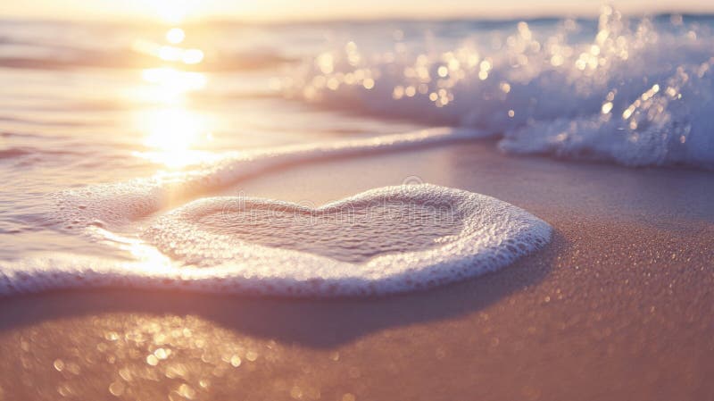 Heart Shaped Wave Foam on Sandy Beach at Sunset Stock Illustration ...