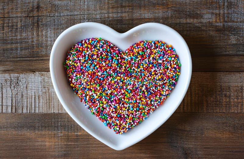 Heart Shaped White Bowl Filled with Multicolored Sprinkles on Rustic ...