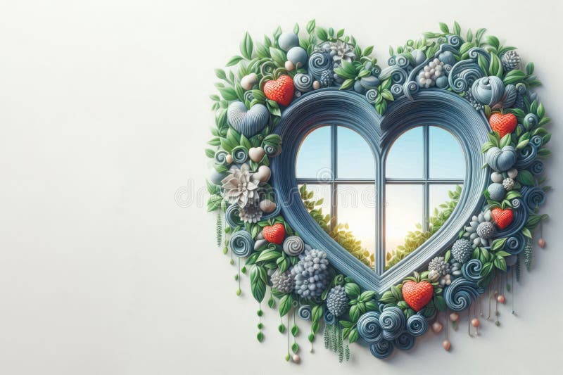 Heart-shaped Window Decorated with Plants. Space for Text. Stock Photo ...