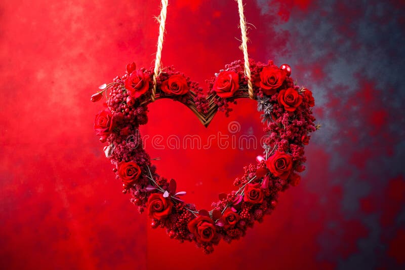 A Heart Shaped Wreath of Red Roses Hanging from a String Stock Photo ...