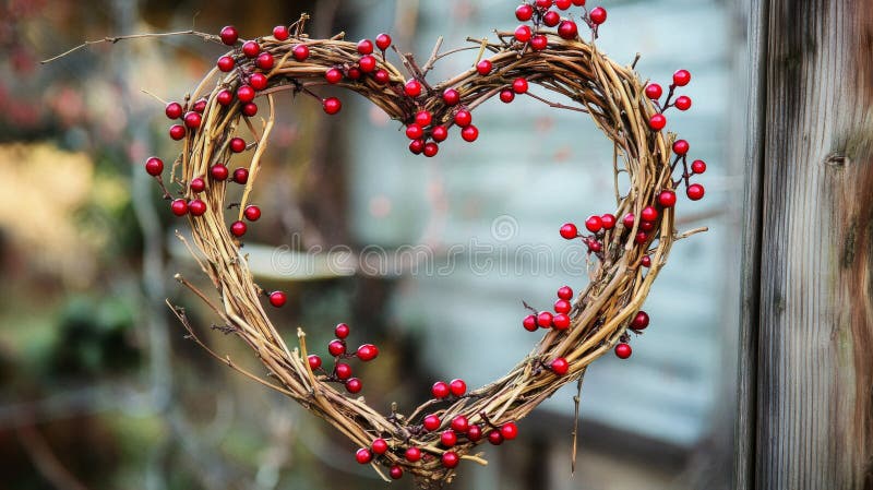 A Heart-Shaped Wreath of Twigs and Red Berries Stock Illustration ...
