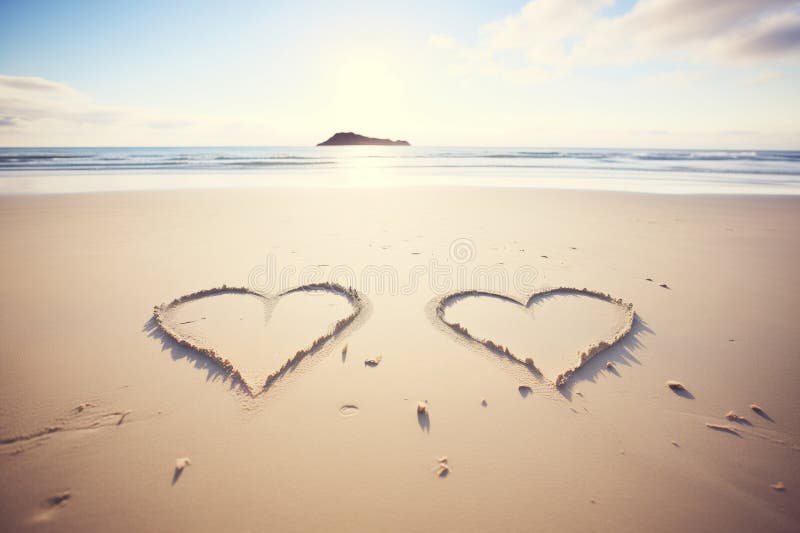 Heart Shapes Drawn in Sand Side by Side, Ocean Water Nearing Stock ...