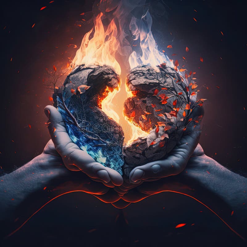 Heart Split between Fire and Ice Stock Illustration - Illustration of ...